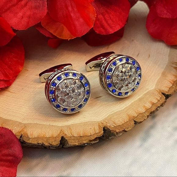 Accessories | Elegant Blue Crystal Round Silver Cufflinks | Poshmark